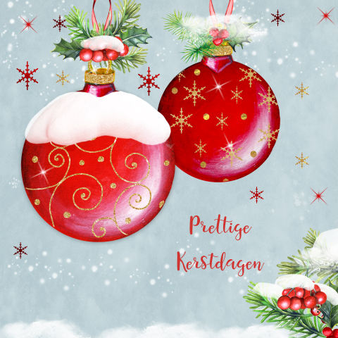 Klassieke kerstkaart met kerstballen, sneeuw en kersttakjes